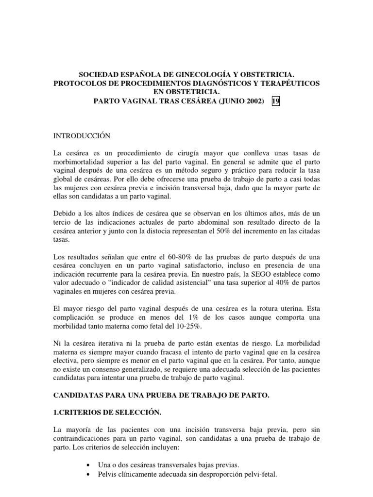 Parto Vaginal Tras Cesárea: Protocolo SEGO | PDF | Seccion de cesárea | Parto