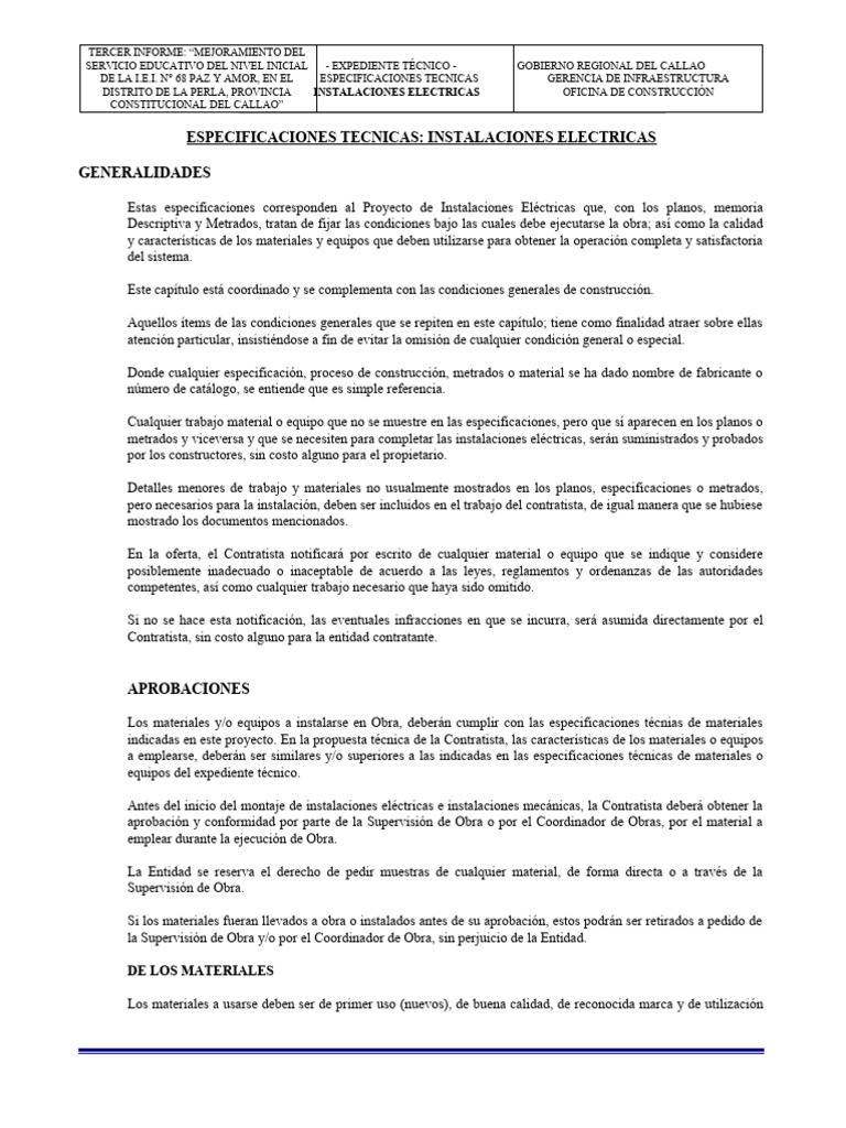 ESPECIFICACIONES TECNICAS INSTALACIONES ELECTRICAS | PDF | Conductor electrico | Cobre