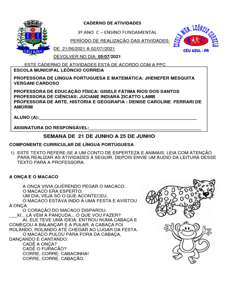 Atividades 3º Ano C - Período de Realização 21-06-2021 A 02-07-2021 ...
