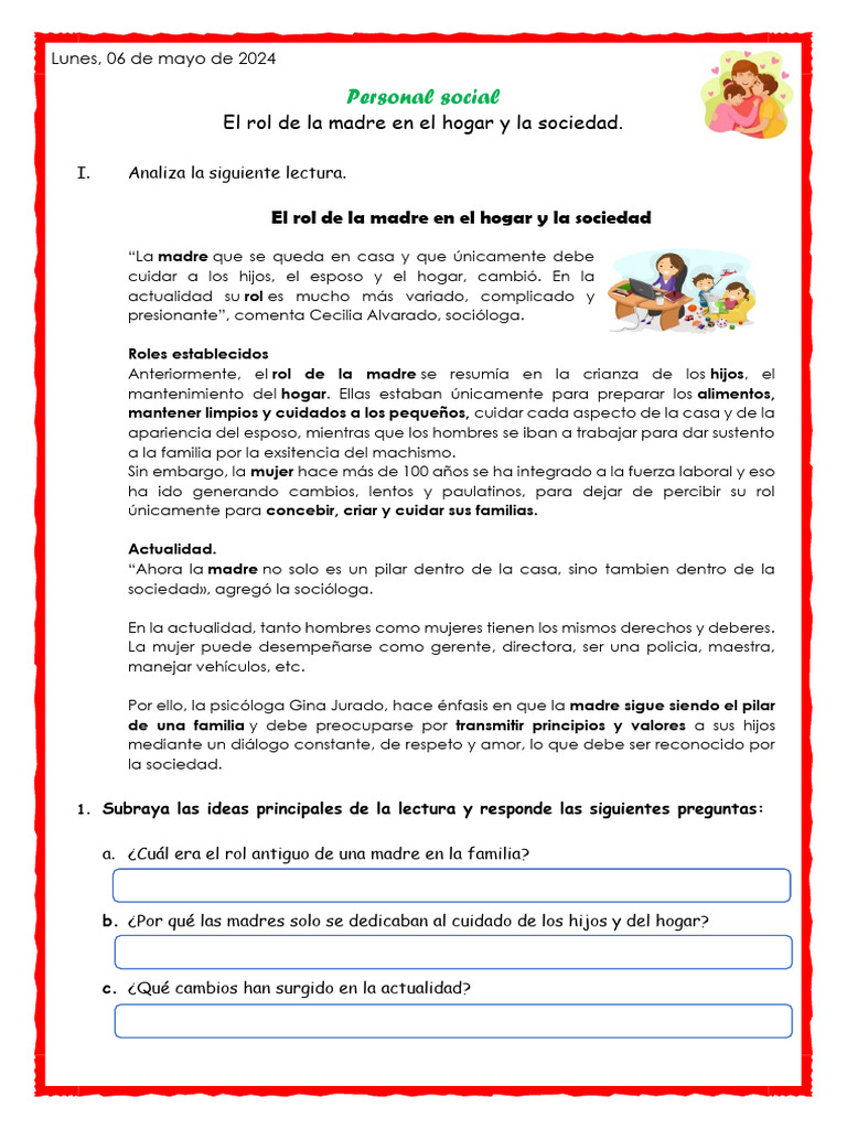 06 Mayo Ps Ficha El Rol de Madre en El Hogar y en La Sociedad | PDF
