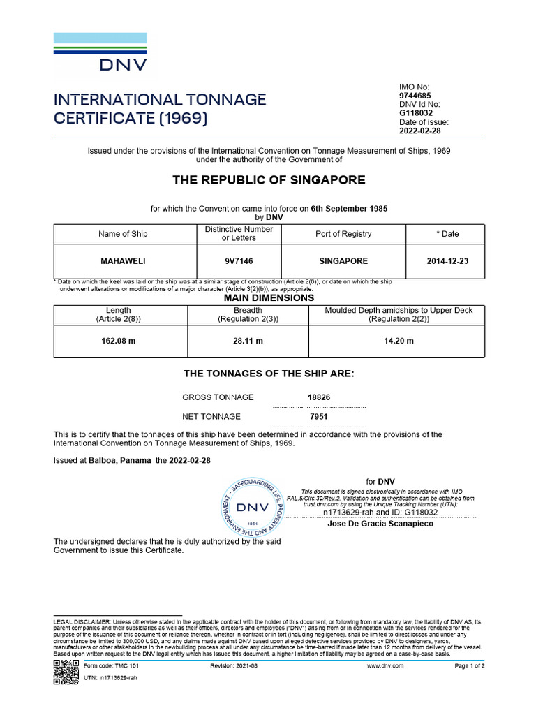 International Tonnage Certificate 1969 | PDF | Tonnage | Ships