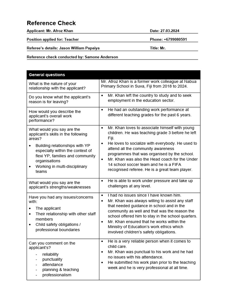 Teacher Reference Check - Khan | PDF | Teachers