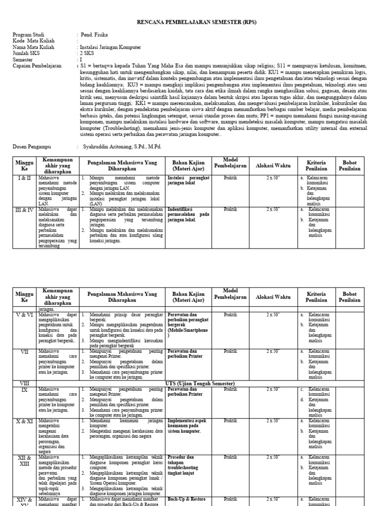 RPS Instalasi Jaringan Komputer 2 SKS | PDF