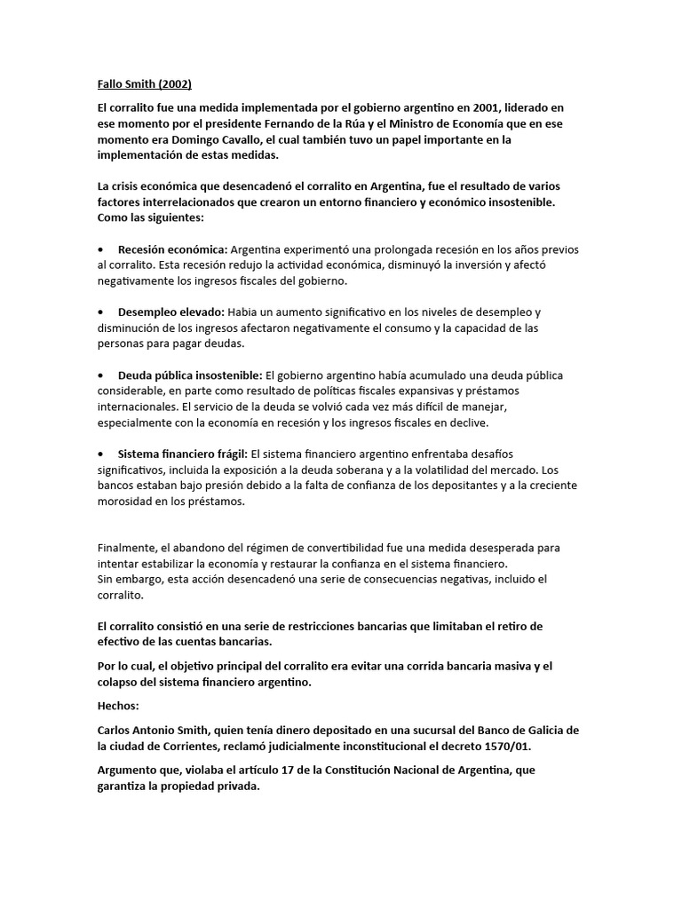 Fallo Smith y el Corralito en Argentina | PDF | Economias