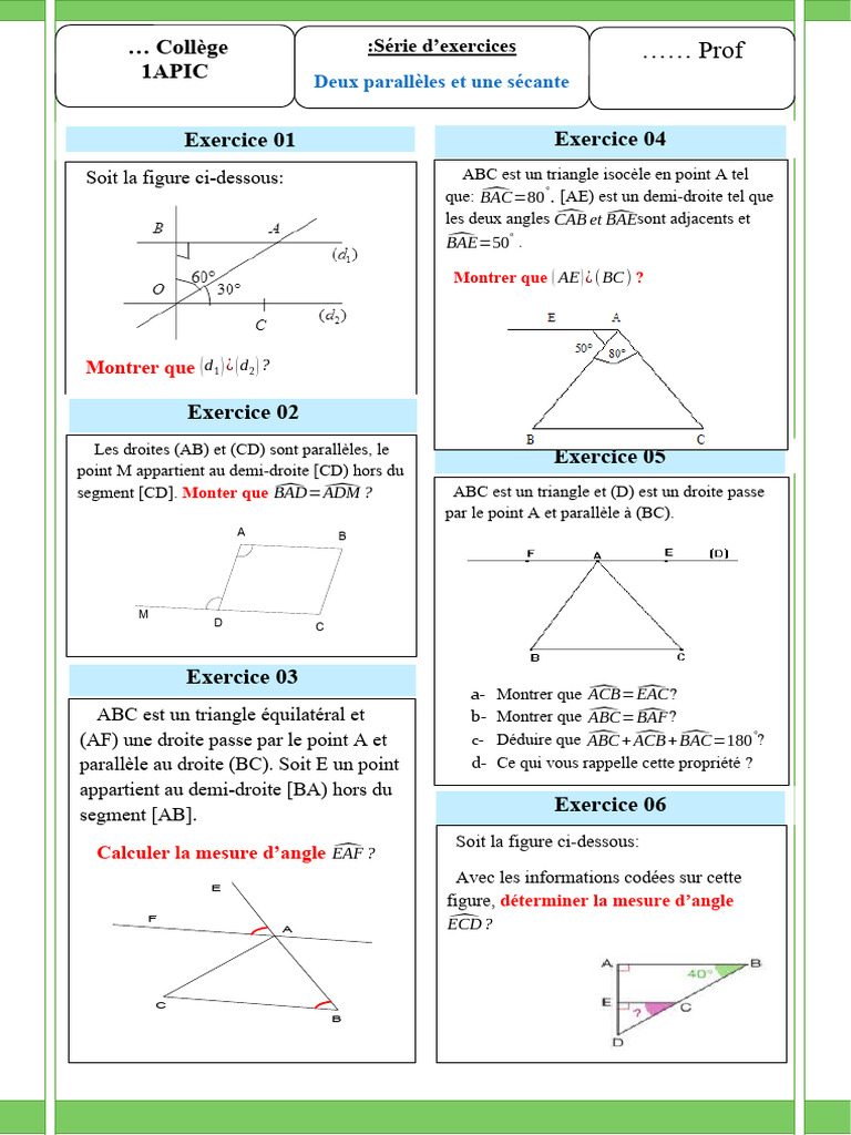 Angles Formes Par Deux Droites Paralleles Et Une Secante Exercices ...