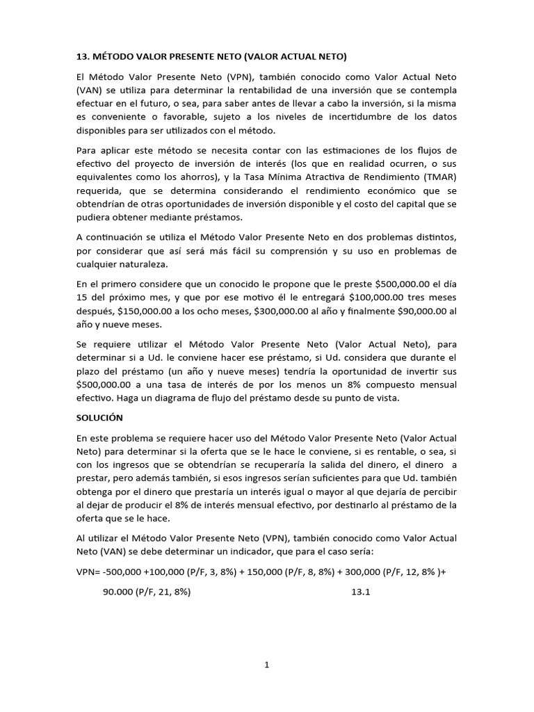 Método Valor Presente Neto (VPN) | PDF | Valor presente neto | Inversiones