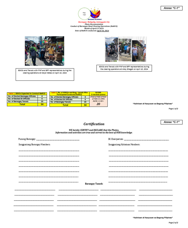 Sample Accomplished Annex C-1_Day 2_Photo Documentation _Barangay BaRCO Monthly Monitoring ...