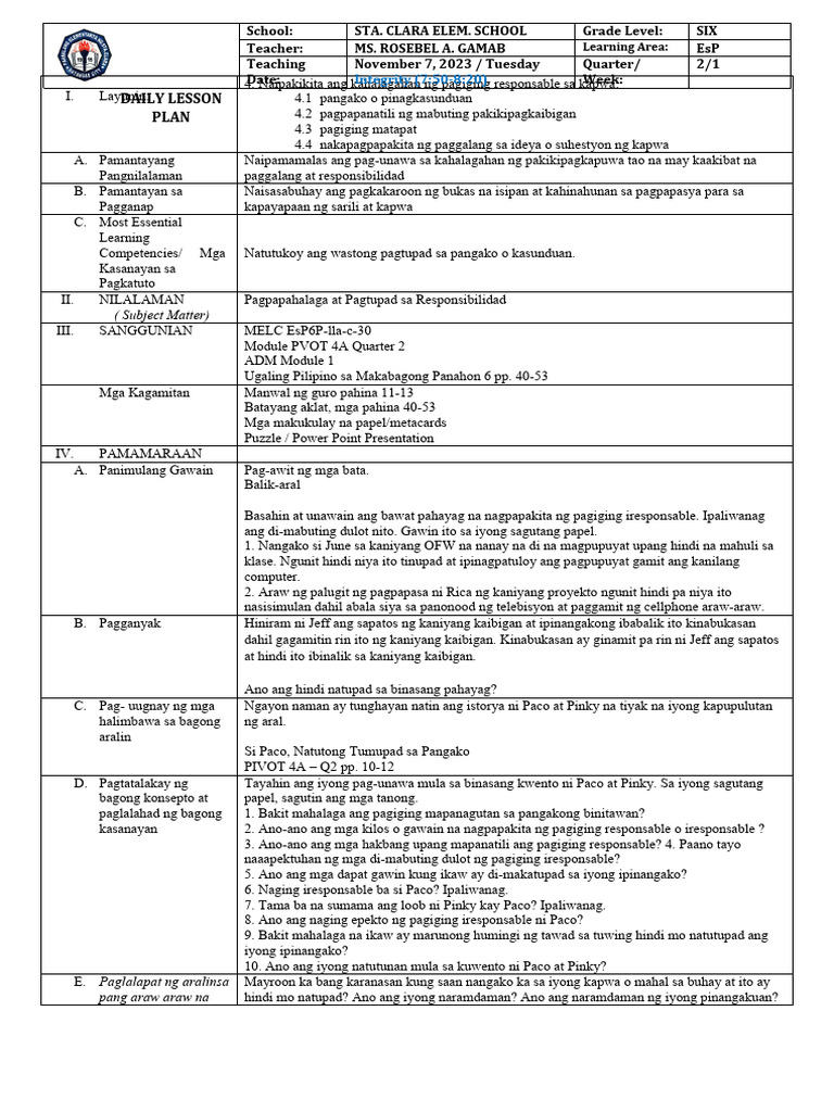 DLP Esp 6 Q2 W1 Day 2 | PDF