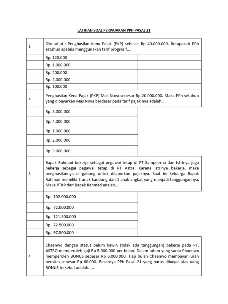 Latihan Soal Perpajakan - PPH 21 | PDF