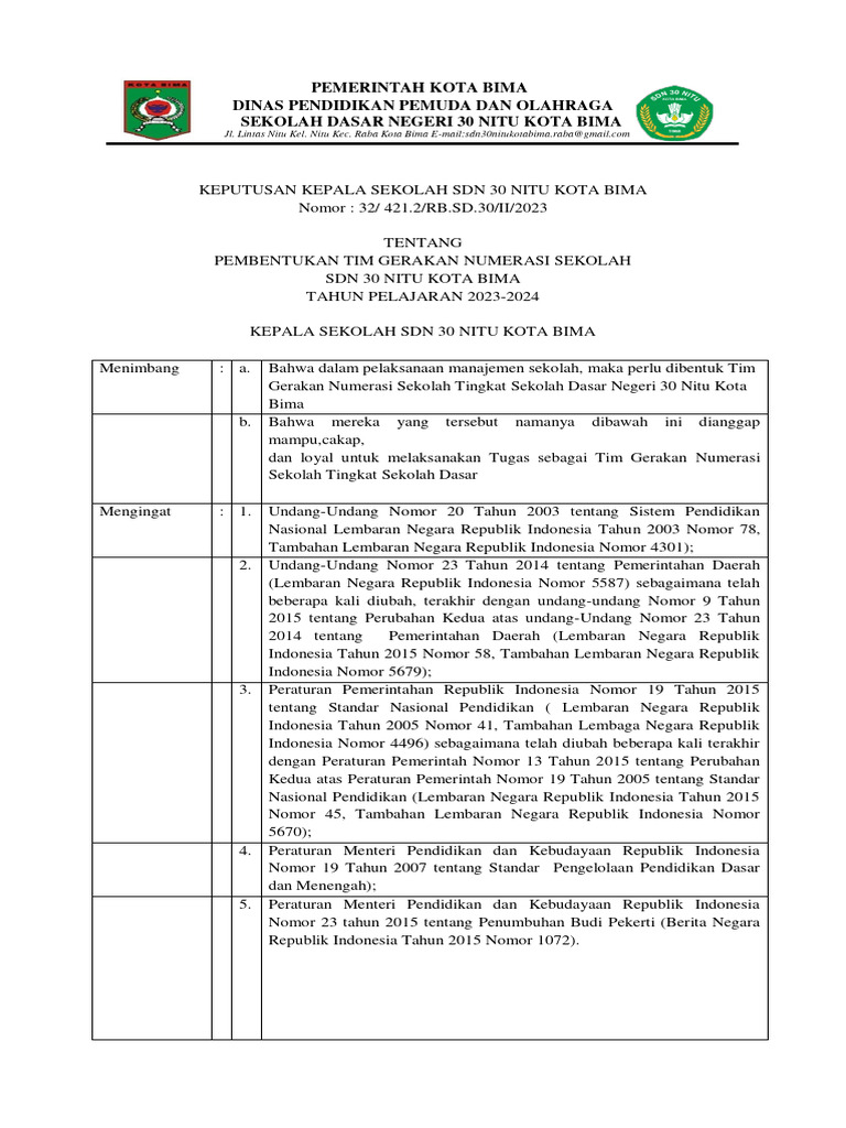 SK Dan Program Numerasi Dan Dokumentasi Kegiatan Numerasi | PDF