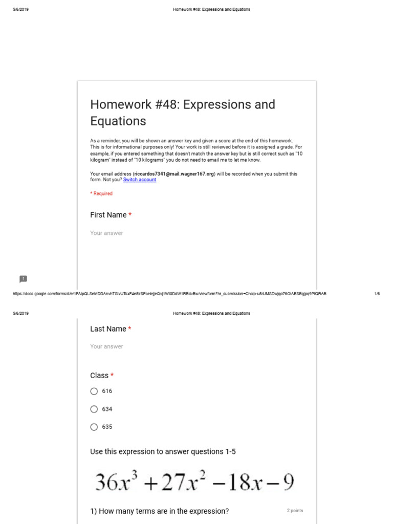 Homework #48 - Expressions and Equations | PDF | Homework