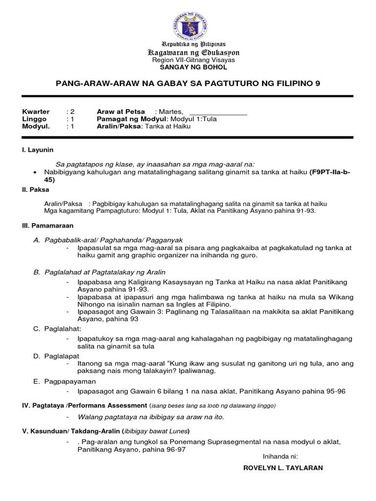 Bohol Filipino 9 Q2 PLP1Day2 v.01 | PDF