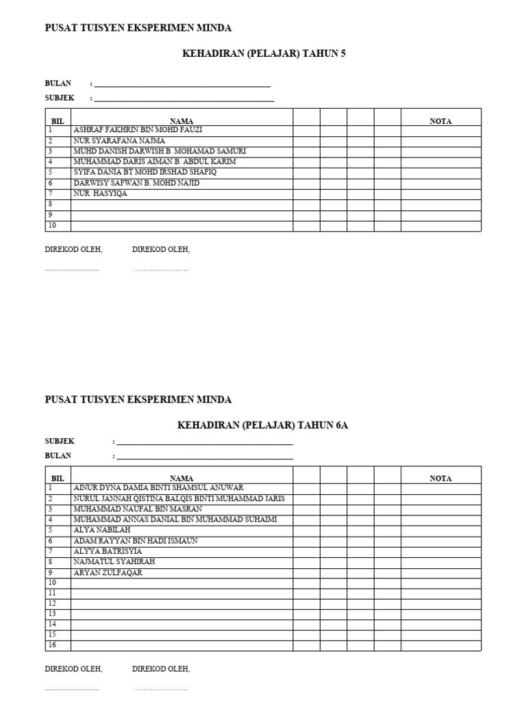 BORANG KEHADIRAN PELAJAR | PDF