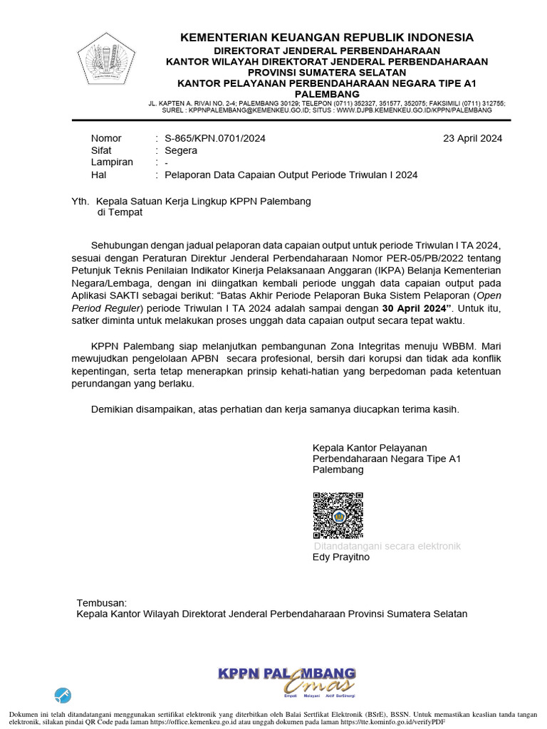 Pelaporan Data Capaian Output Periode Triwulan I 2024 | PDF