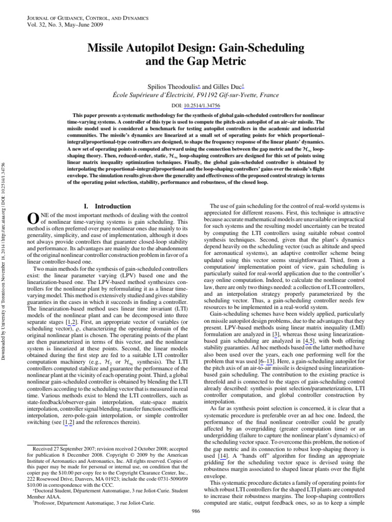 Missile Autopilot Design: Gain-Scheduling and The Gap Metric | PDF | Control Theory | Applied ...