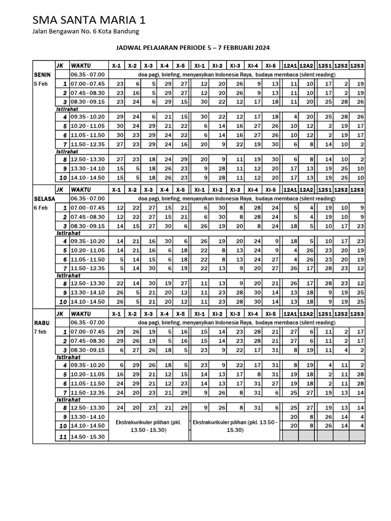 SM2 - 5 - Jadwal Pelajaran Periode 5 - 7 Februari 2024 | PDF