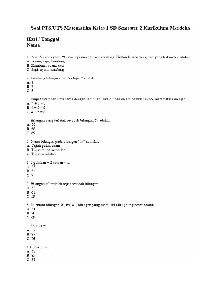 Soal MTK Kls 1 | PDF | Olahraga & Rekreasi