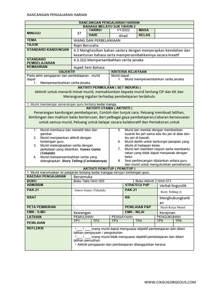 RPH Minggu 38 BM SJK THN 2 by Cikgu Gorgeous | PDF