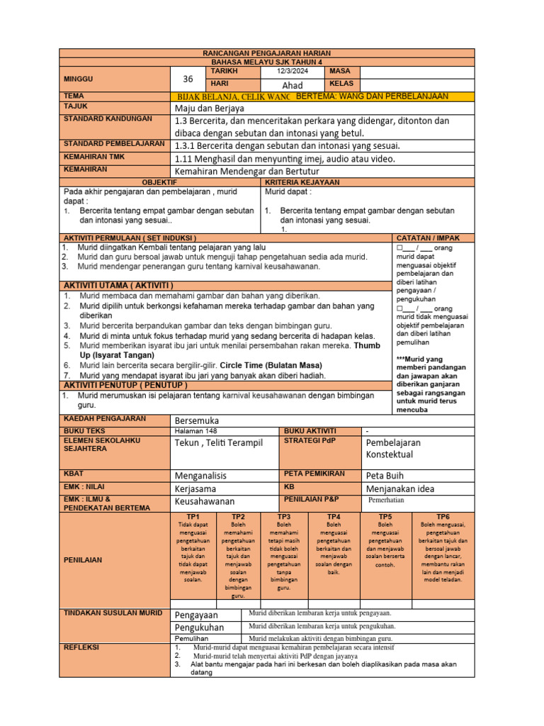 RPH Minggu 36 BM SJK THN 4 2024 by Cikgu Gorgeous | PDF