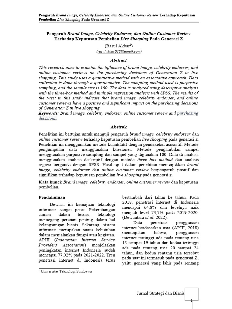 Jurnal Ekonomi (Pengaruh Brand Image, Celebrity Endorser, Dan Online Customer Review Terhadap ...