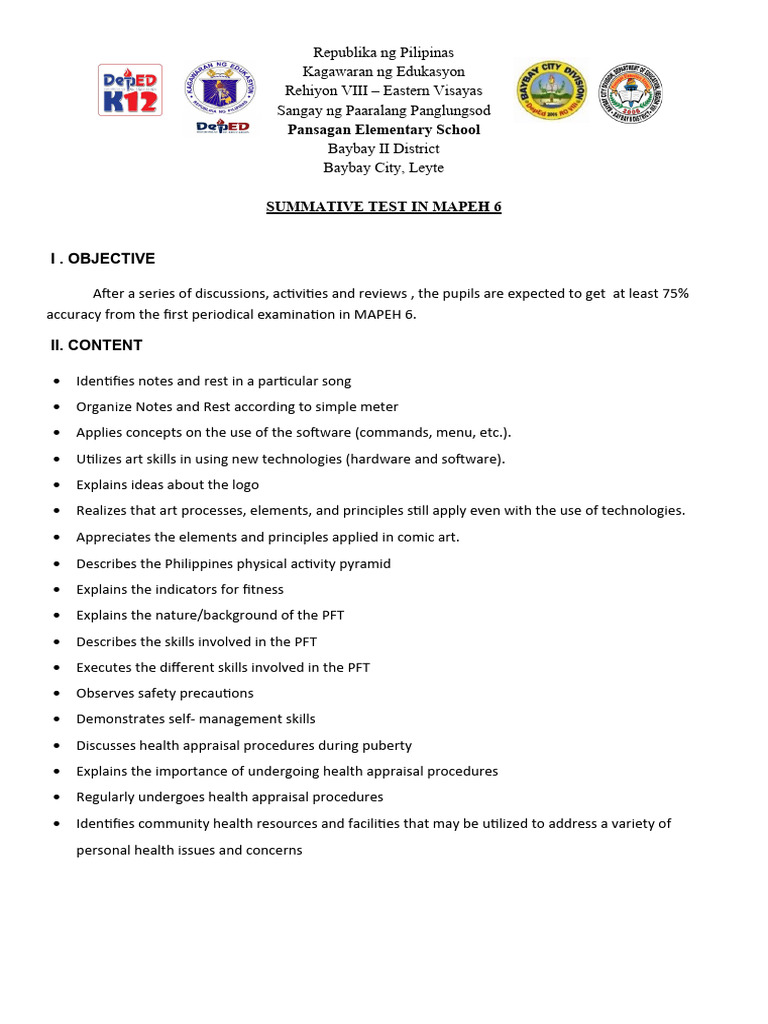 PT - Tos Mapeh K To 12 | PDF | Graphics | Physical Fitness