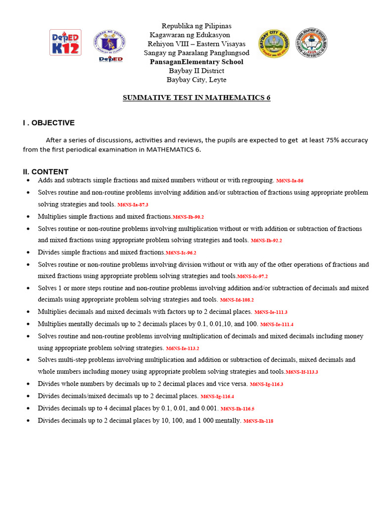 PT - Tos - Mathematics K To 12 2 | PDF | Multiplication | Subtraction