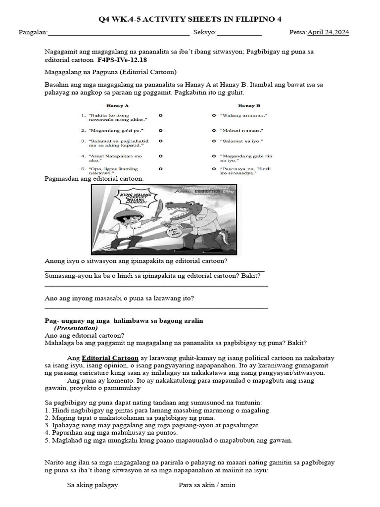 q4 Filipino Wk.4 5 Asynchronous Mode of Learning | PDF