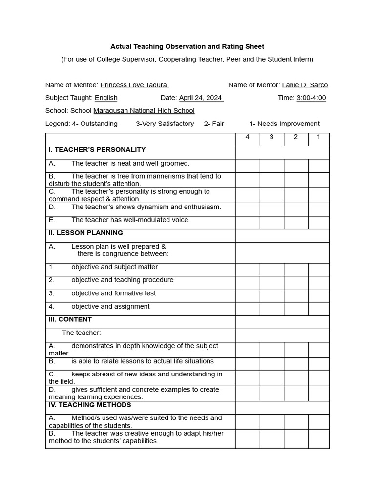 Teaching Observation Rating Sheet | PDF | Teachers | Mentorship