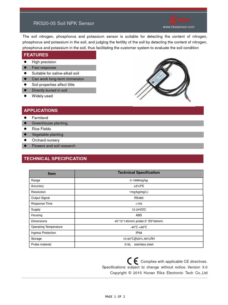 RK520-05 NPK Sensor Specification v3.0 | PDF | Soil | Agriculture