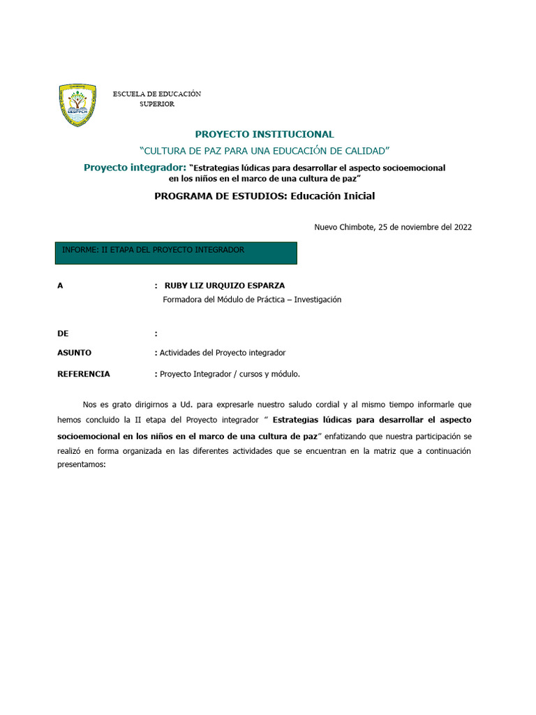 informe consolidado del proyecto integrador | PDF | Salón de clases | Maestros