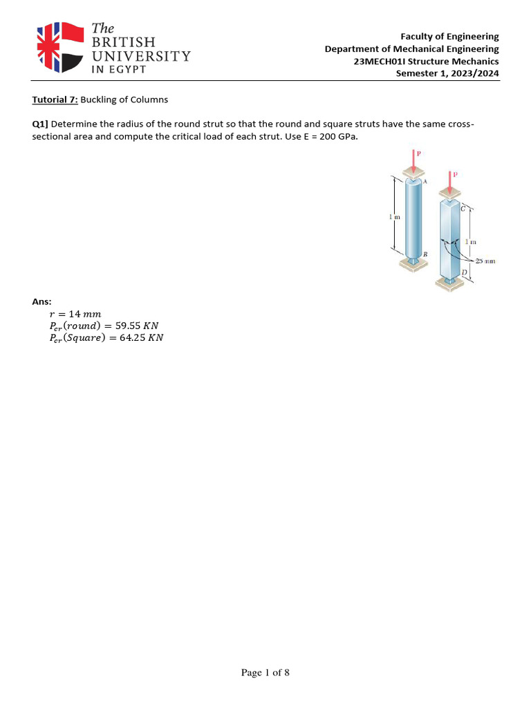 23MECH01I Tutorial 7 Buckling of Columns | PDF | Buckling | Column