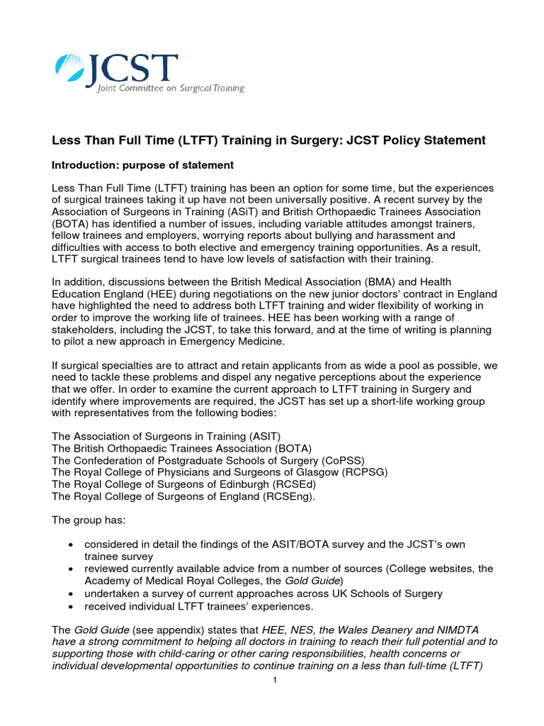 JCST LTFT Statement - Final | PDF | Surgery | Health Care