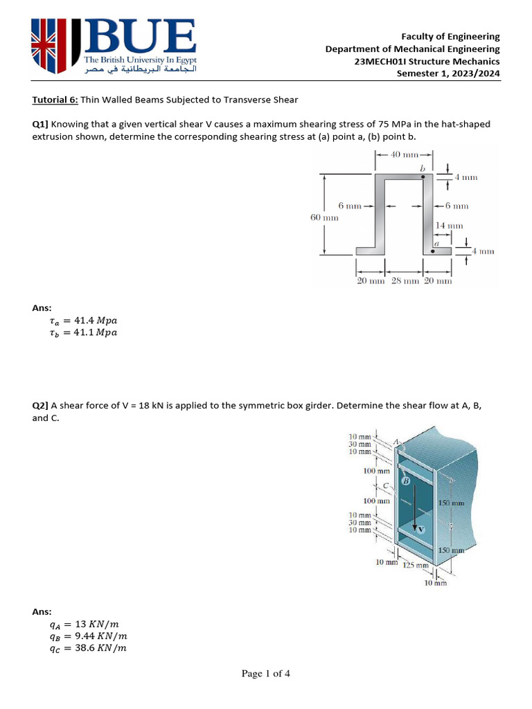 23MECH01I Tutorial 6 Thin Walled Beams Subjected To Transverse Shear ...