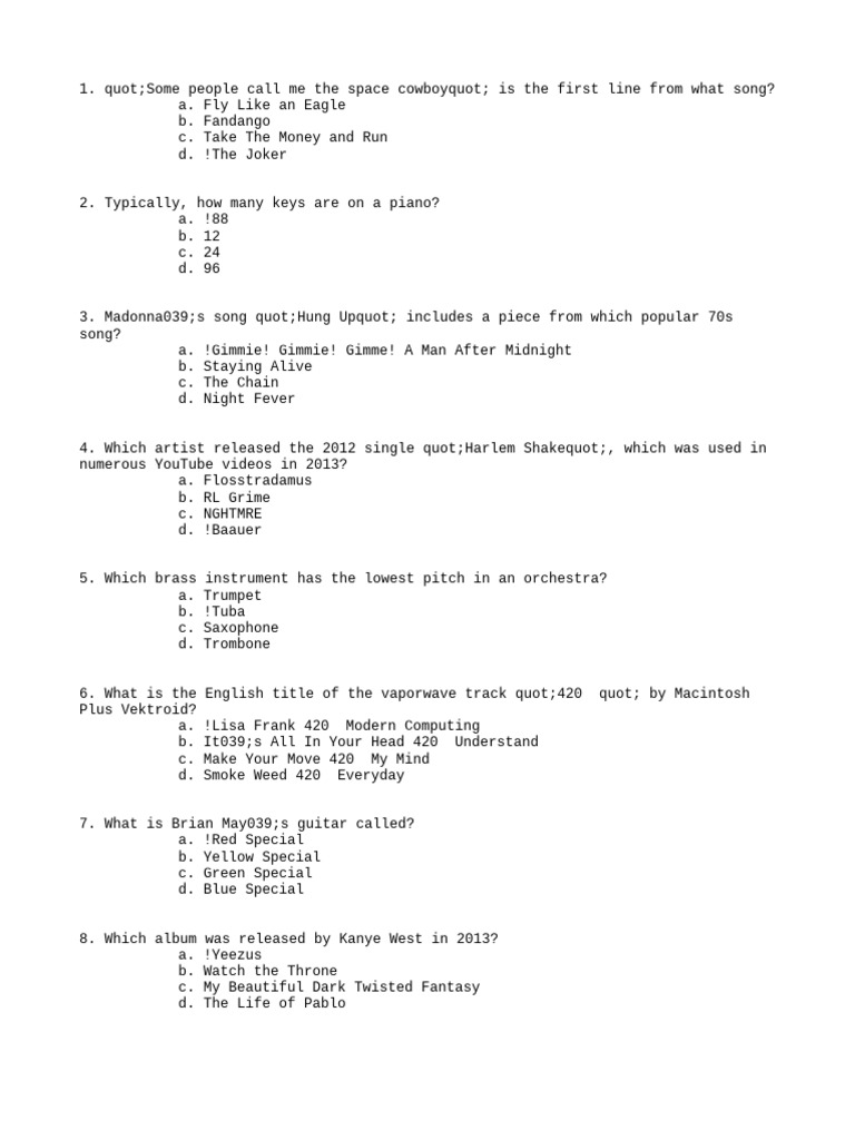 Music, Tech, and History Quiz Questions | PDF | Travel | Art