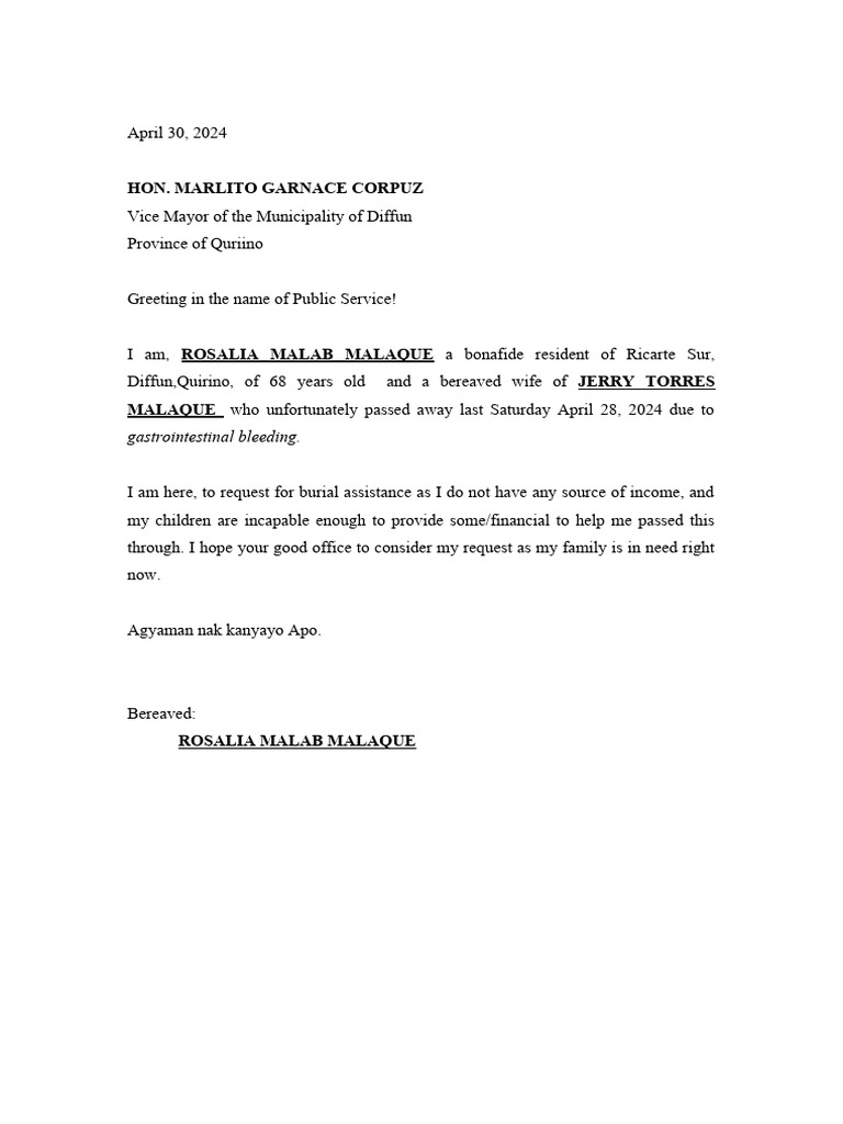 Burial Assistance Request Letter | PDF