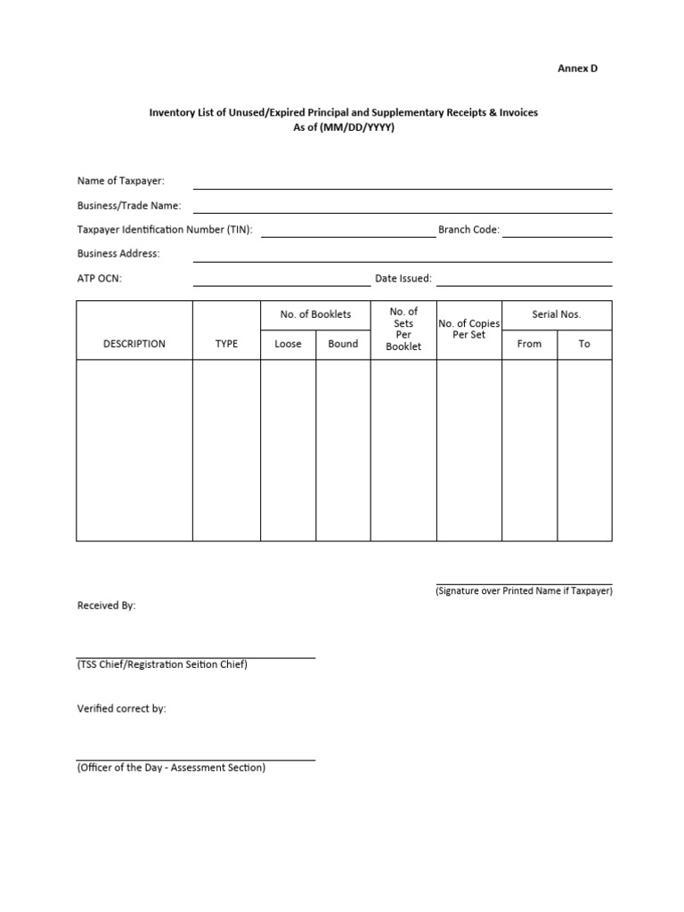 Annex D Inventory List of Unused or Expired Receipts and Invoices | PDF