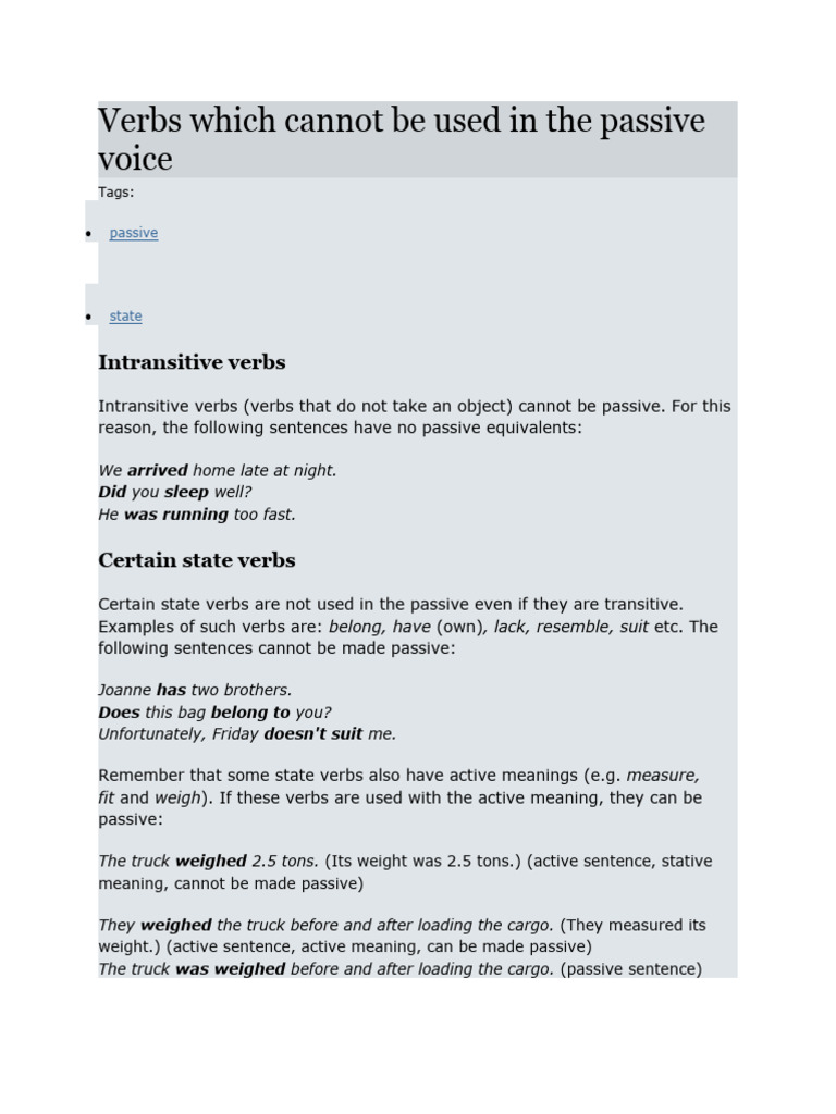 Verbs That Cannot Be Passive | PDF | Verb | Linguistic Typology