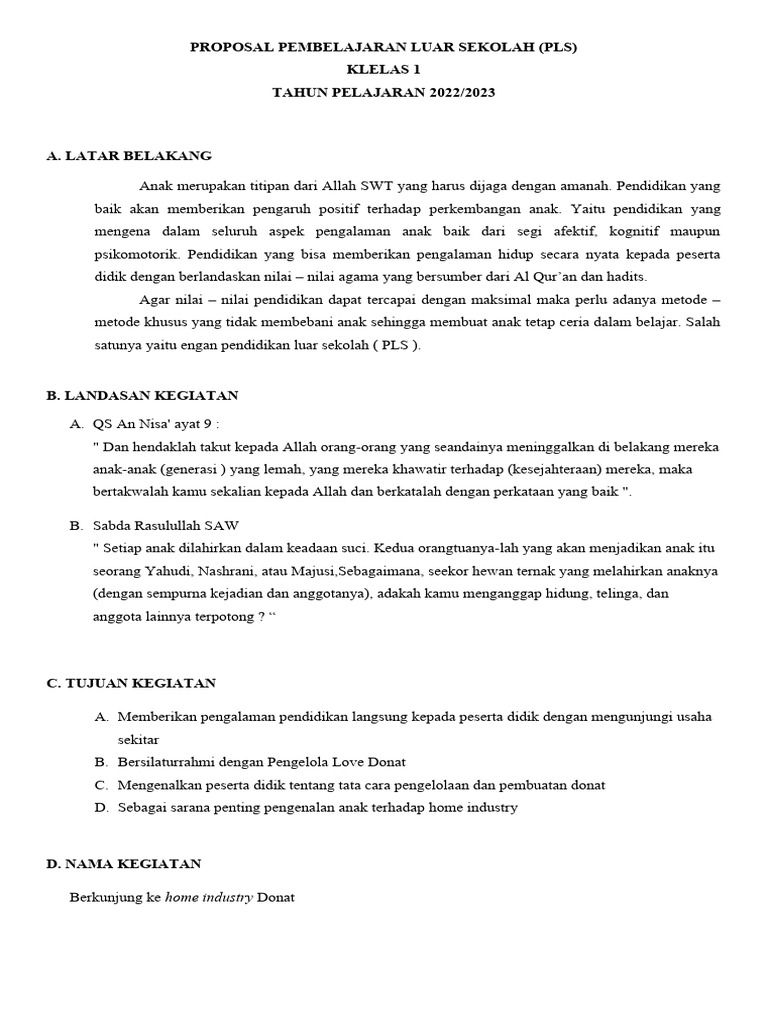 Proposal Pls Kelas 1 | PDF