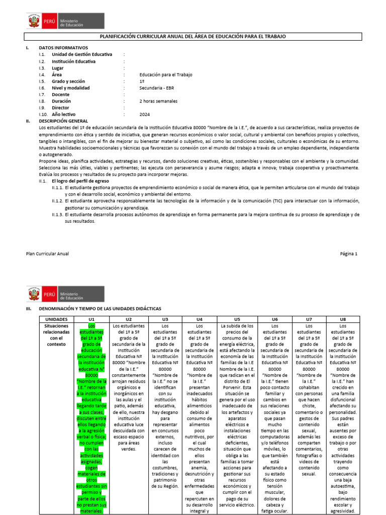 Matriz de Planificación Anual - EPT - 1º | PDF | Aprendizaje | Evaluación