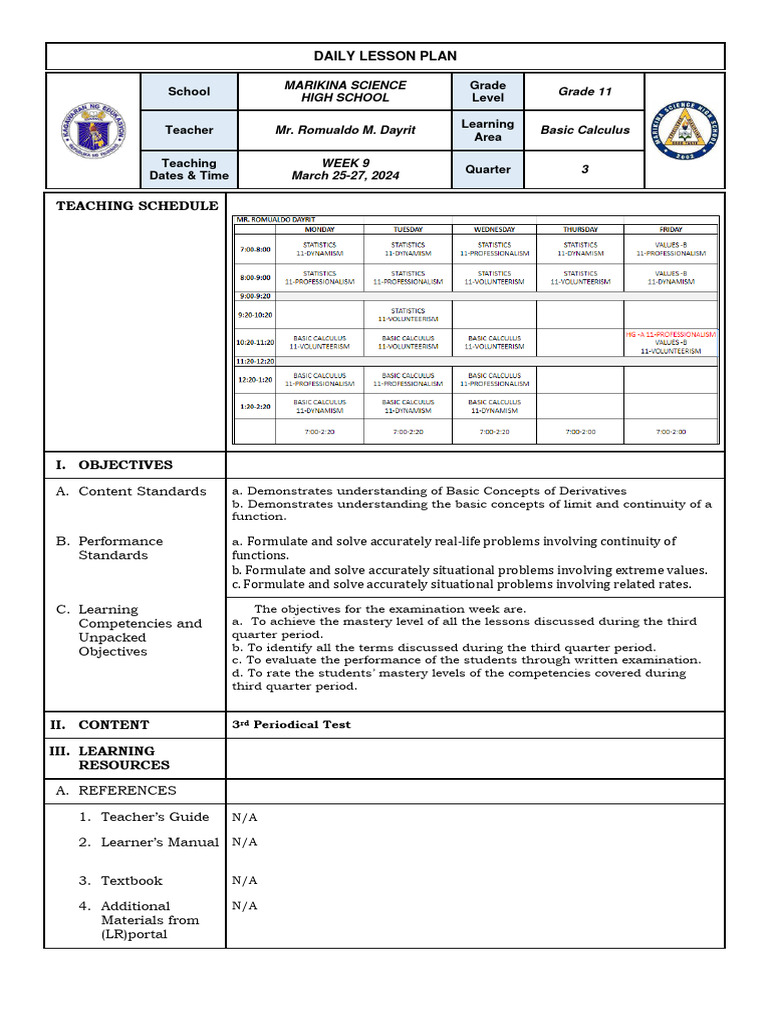 Grade 11 Basic Calculus Lesson Plan | PDF | Teachers | Learning