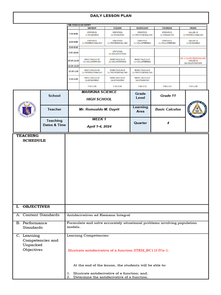 DLP - Basic Cal - Q4 - WK1 - April 1-April4 - Dayrit | PDF | Learning | Teachers