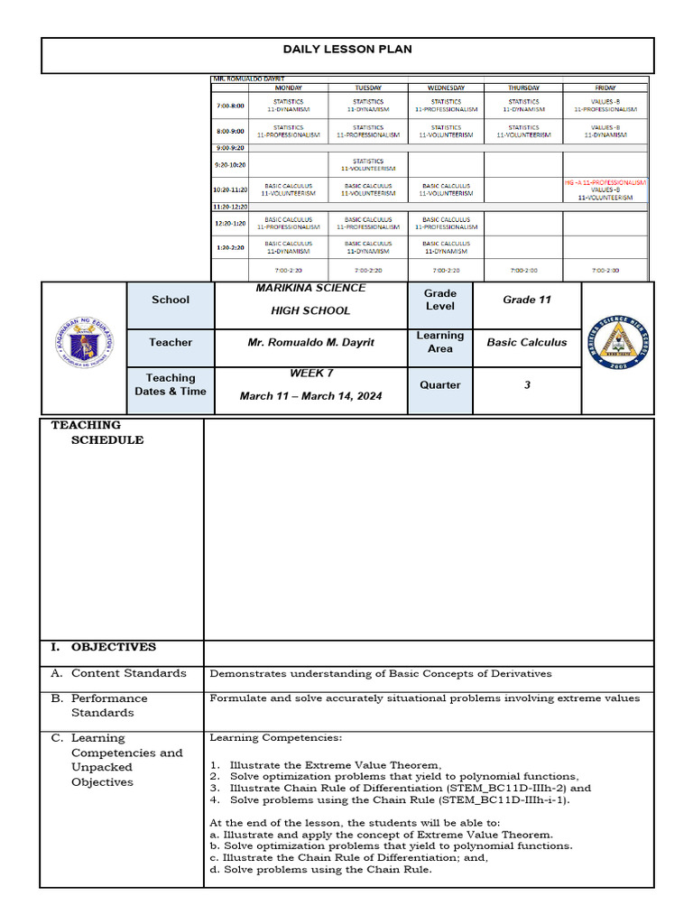Grade 11 Calculus Lesson Plan | PDF | Derivative | Learning