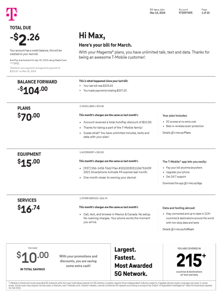 Hi Max,: Here's Your Bill For March | PDF | T Mobile Us | Consumer ...