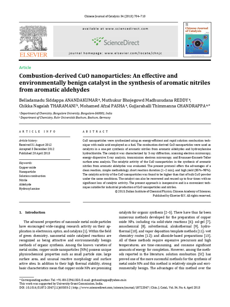 Combustion-Derived CuO Nanoparticles | PDF | Catalysis | Chemical Reactions