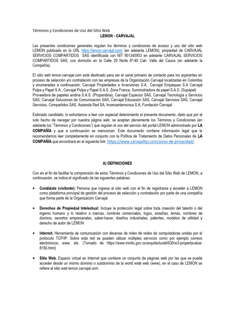 Términos y Condiciones de Uso Del Sitio Web LEMON V3.b0bac27c | PDF | Red mundial | Internet y web