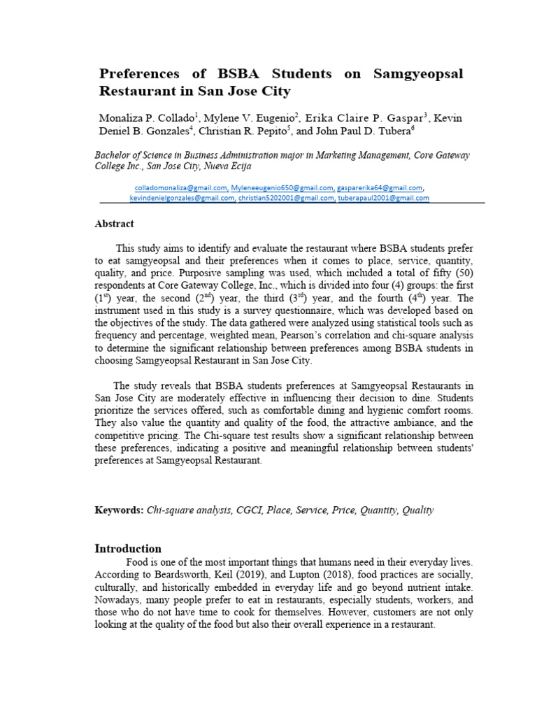 MM A Preferences of Bsba Students On Samgyeopsal Restaurant in SJC ...