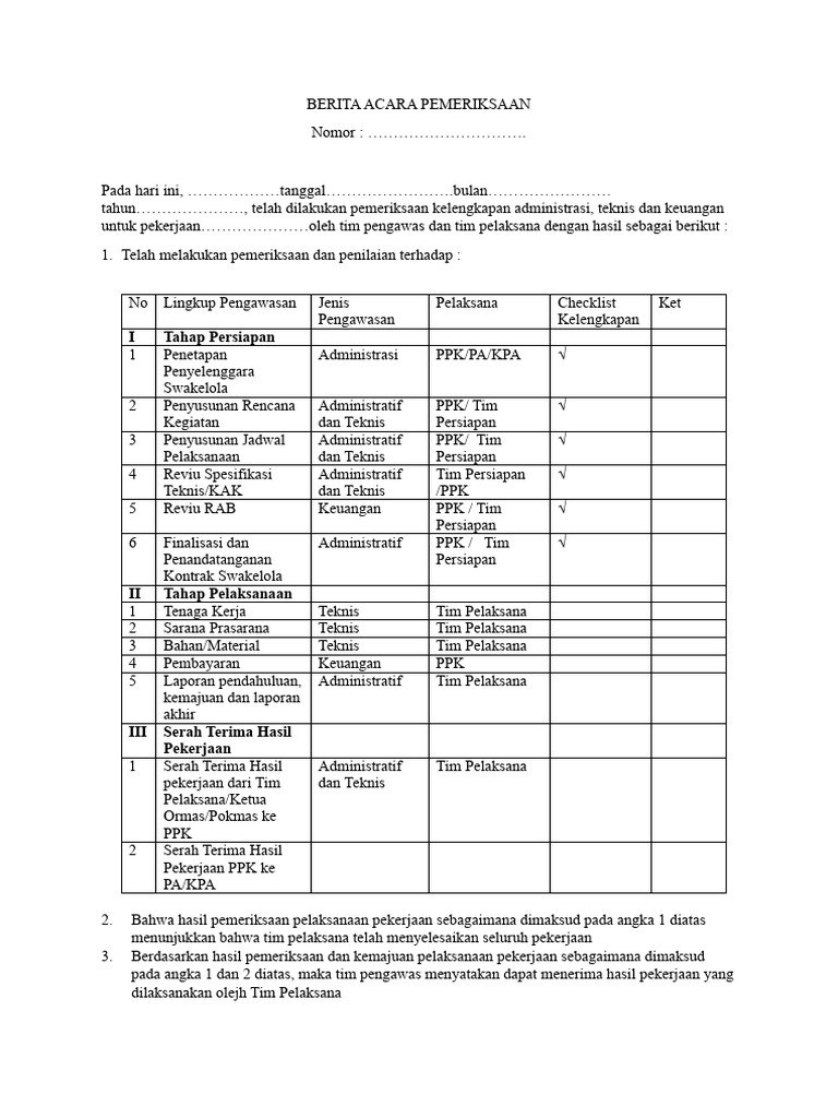 Berita Acara Pemeriksaan Swakelola | PDF