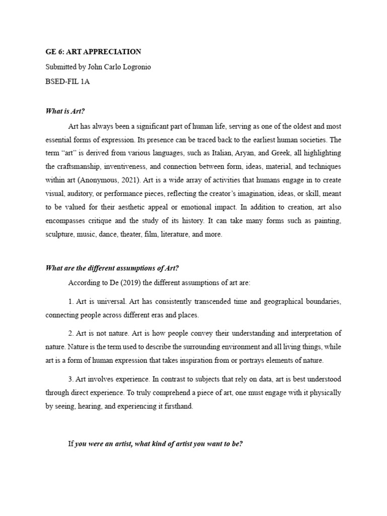 Art Appreciation Act 1 | PDF | Paintings | Experience