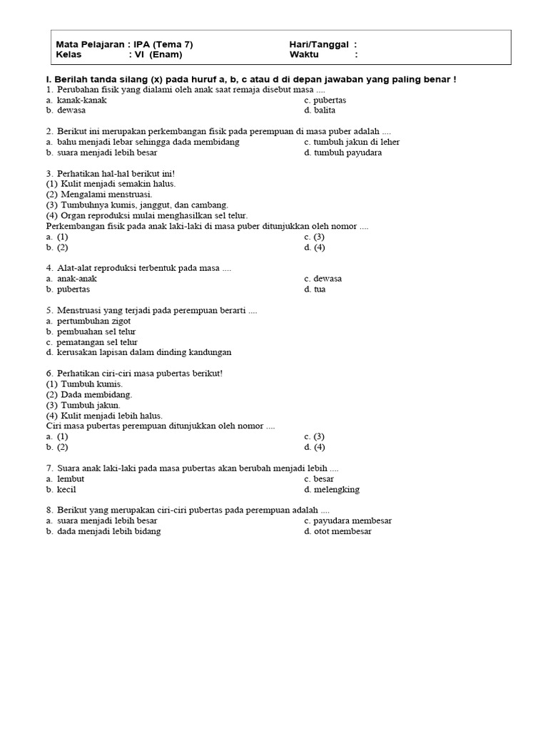 Soal IPA Kelas VI: Pubertas dan Perubahan Fisik | PDF