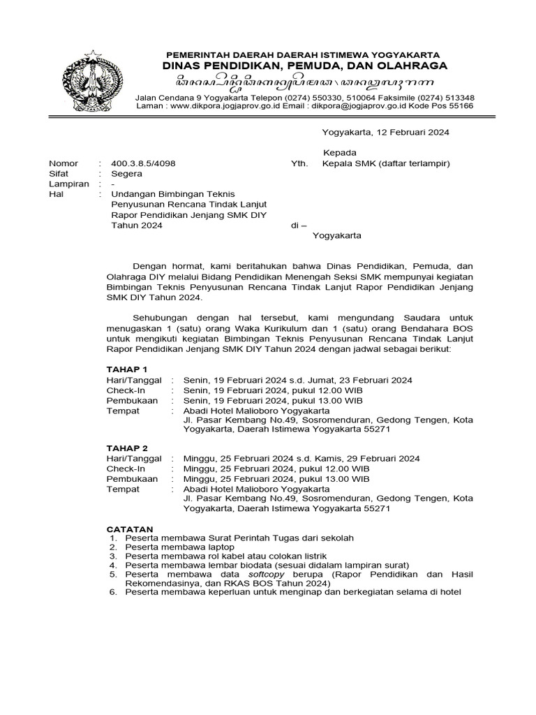 Undangan Bimtek Penyusunan RTL Rapor Pendidikan SMK DIY Tahun 2024 | PDF Undangan Bimtek Penyusunan RTL Rapor Pendidikan SMK DIY Tahun 2024 | PDF